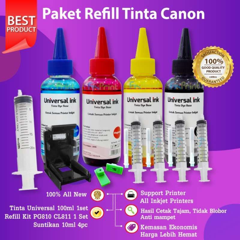 Promo Paket Tinta 4 Warna 100ml Refill Cartridge Canon 810 811 745s ...