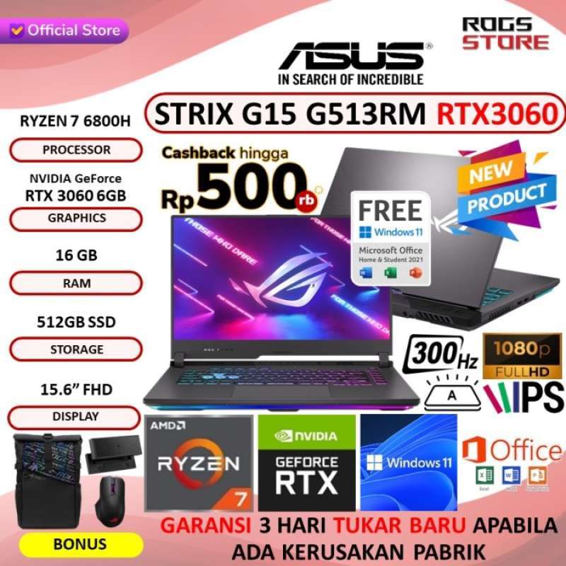 Promo ASUS ROG STRIX G15 G513RM RYZEN 7 6800H RTX3060 300Hz 16GB 512 ...