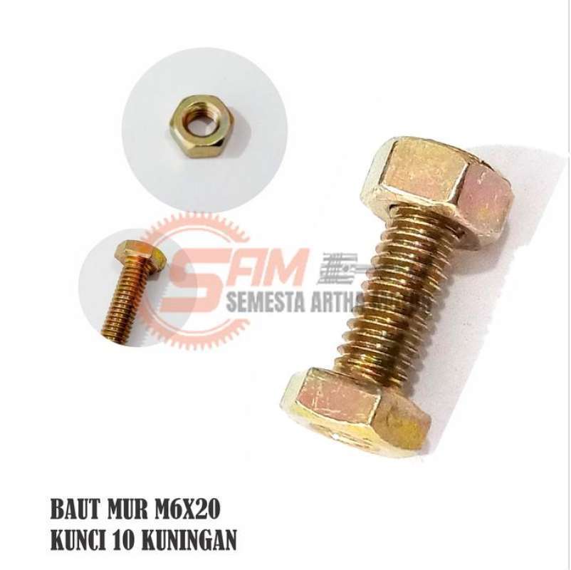 Jual Baut Mur M6 X 20 Kunci 10 Hex Bolt Nut Panjang 2cm Kuning ...