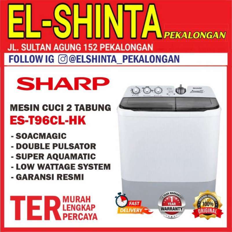 Promo Mesin cuci 2 tabung sharp 9 kg Super Aquamagic ES-T96CL-HK Diskon 15% di Seller ...