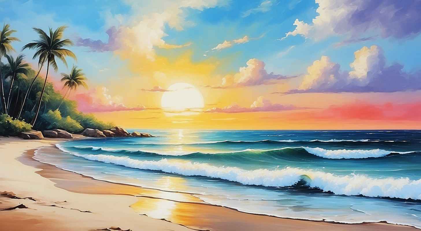 Promo Lukisan Kanvas Suasana Pantai Yang Indah Dalam Nuansa Sunset ...