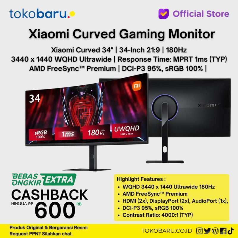 Promo Xiaomi Mi Monitor 34 G34wqi Wqhd Ultrawide 180hz Curved Gaming ...
