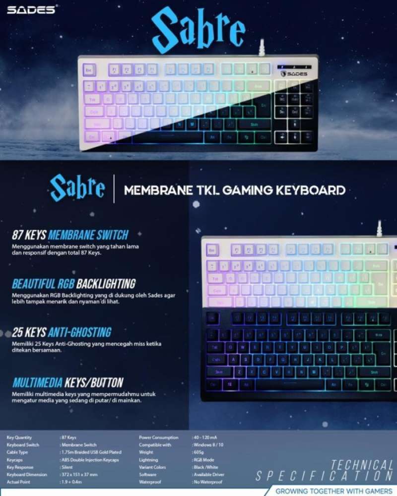 Promo 100% Produk Ori Sades Sabre Tkl Ten Key Less Rgb Keyboard Gaming ...