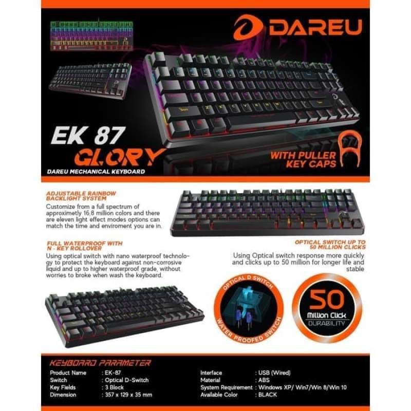 Promo 100% Produk Ori Mechanical Keyboard Gaming Rgb Dareu Ek-87 Glory ...
