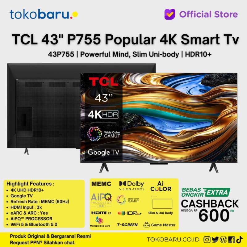 Promo Tcl 43p755 Google Tv 43 Inch 4k Uhd T-sreen Tcl 43p755 Diskon 30% ...