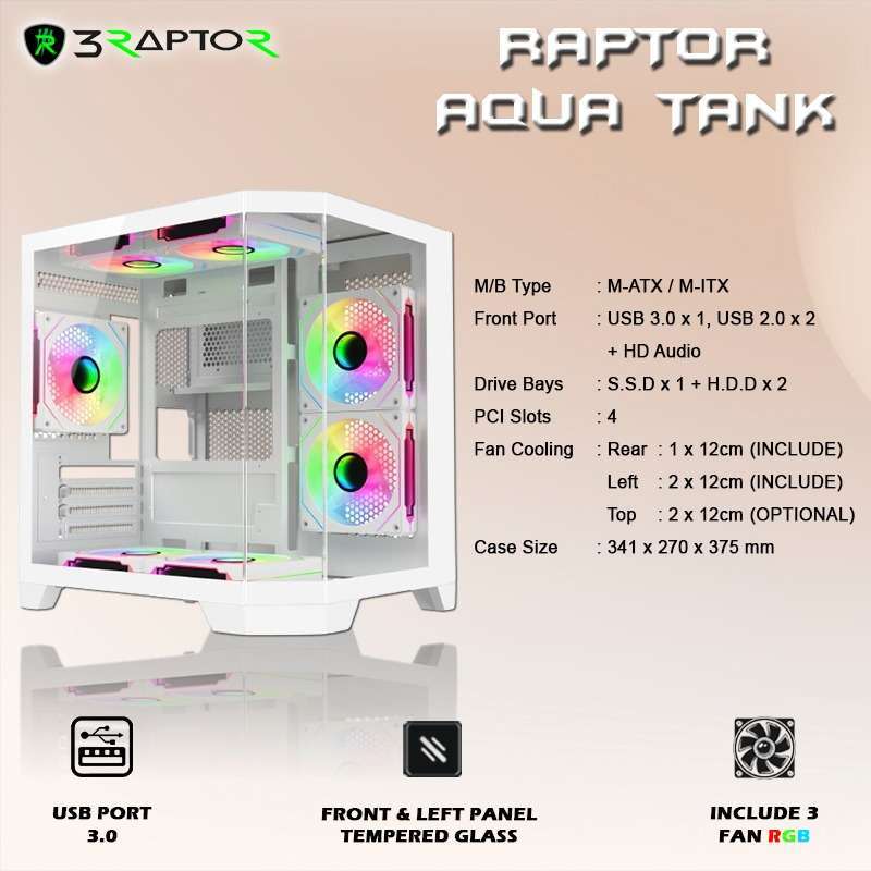 Promo Casing Gaming Raptor Aqua Tank M-atx/m-itx + USB 3.0 - Free 3 Fan ...