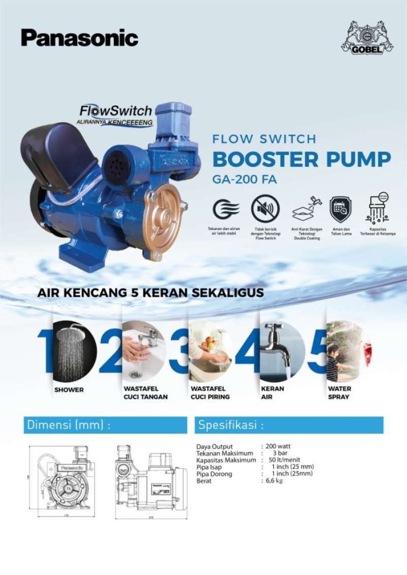 Promo Panasonic Ga 200 Fa Pompa Air Booster Pendorong Otomatis 200 Watt ...