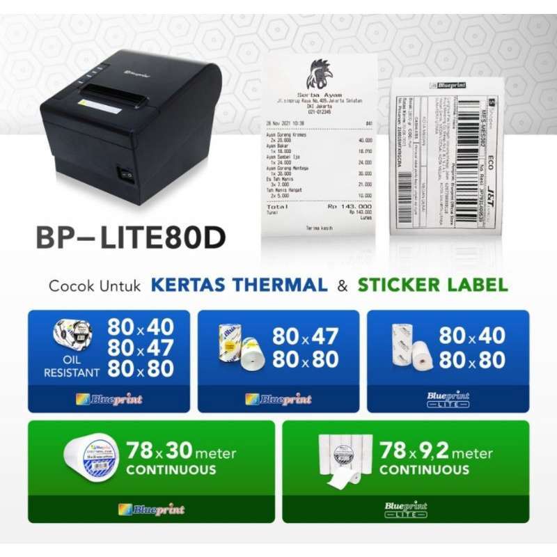 Jual Printer kasir thermal blueprint lite 80d (usb + bluetooth + RJ11 ...