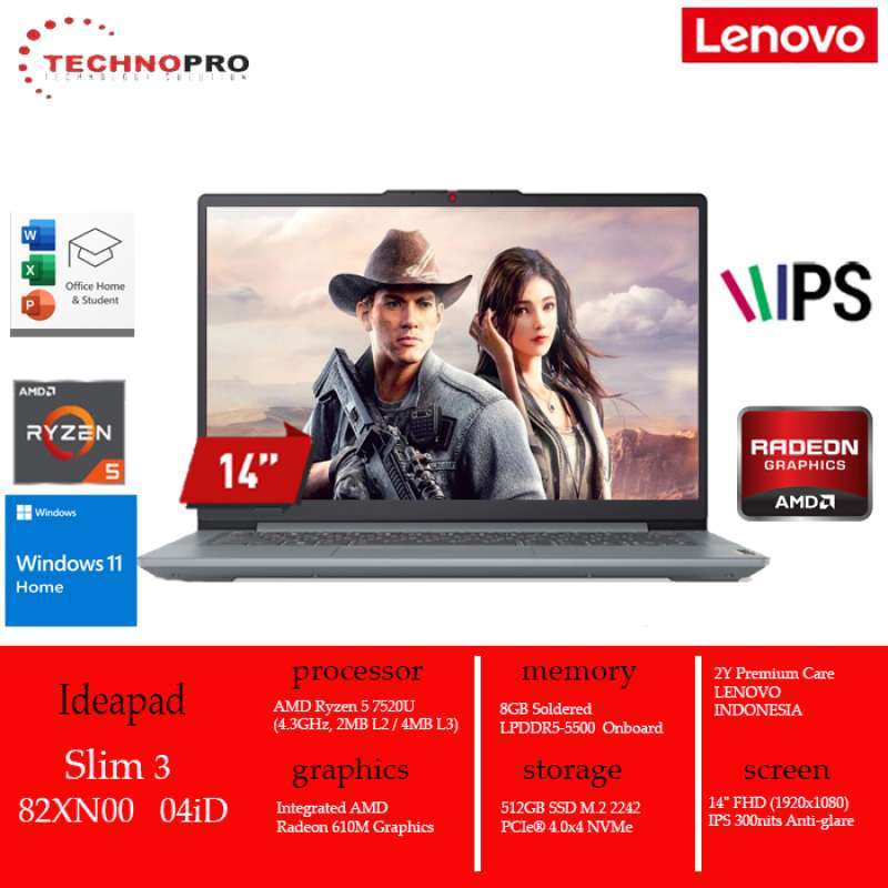 Promo Lenovo IdeaPad Slim 3 14AMN8 04ID 03ID || AMD Ryzen 5 7520U 8GB 512GB SSD AMD Radeon 610M ...