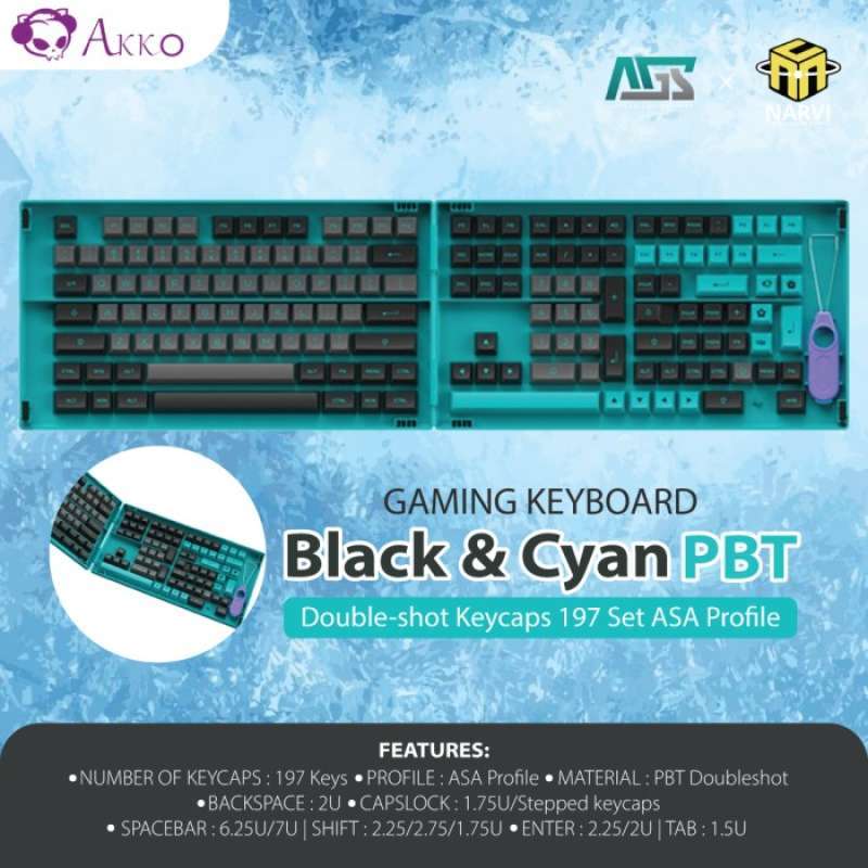 Promo akko black & cyan asa profile 197 set pbt doubleshot - keycaps ...