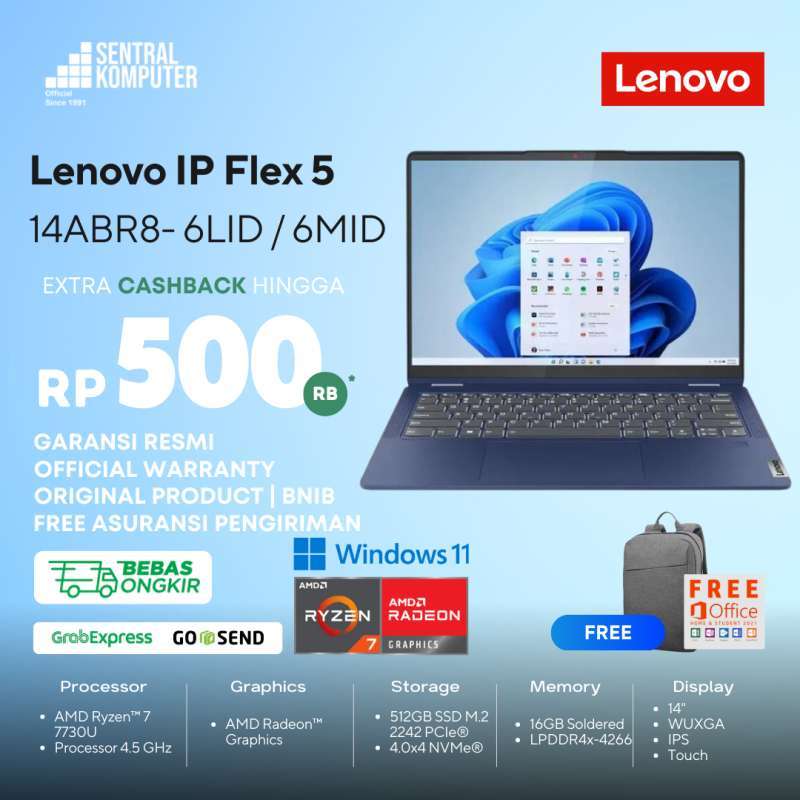 Jual Lenovo Flex 5 14ABR8 Ryzen 7 7730U 16GB 512GB SSD Win 11 & OHS di Seller Sentral Komputer ...