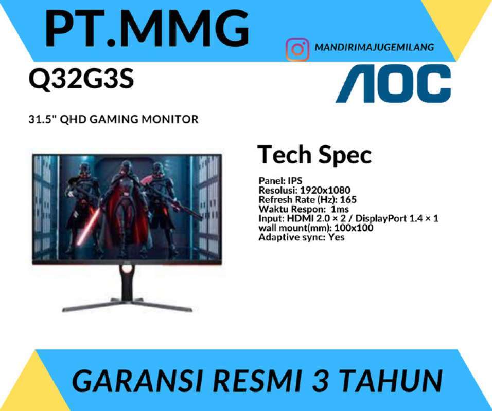 Promo Monitor LED Gaming AOC Q32G3S 32 IPS 165HZ 2K 2560x1440 Vesa ...