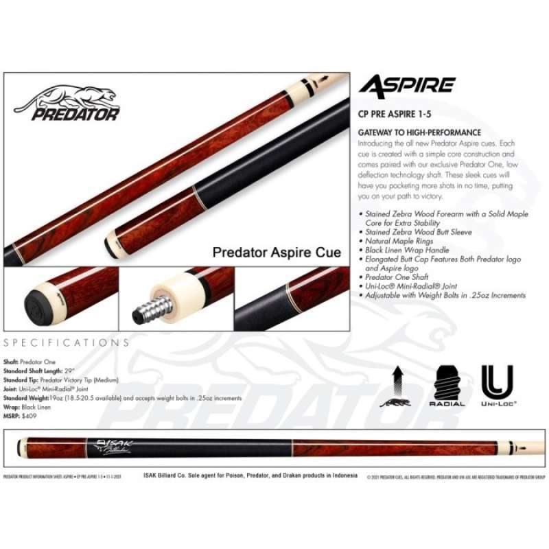 Jual New Predator Aspire 1-5 Pool Cue | Low Deflection Radial One Shaft ...