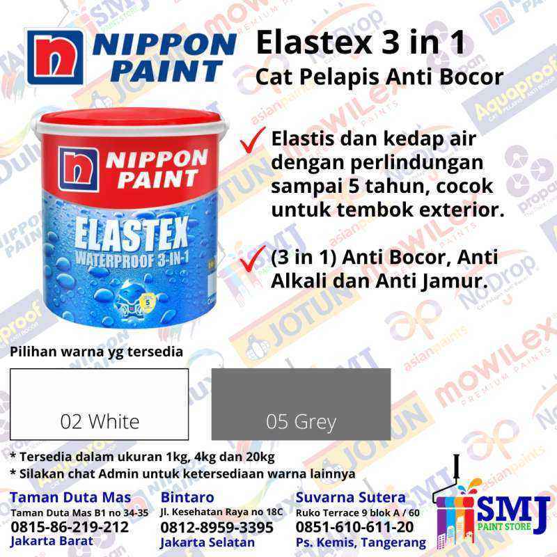 Jual CAT TEMBOK WATERPROOFING ANTI BOCOR NIPPON PAINT ELASTEX 3IN1 KEMASAN 20 KG - WHITE di ...