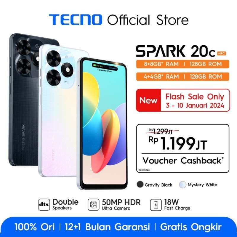Jual TECNO SPARK 20C NFC – 4GB+128GB, 6,6” HD+, 5000mAh+18W Fast Charging - Magic Skin Green di ...