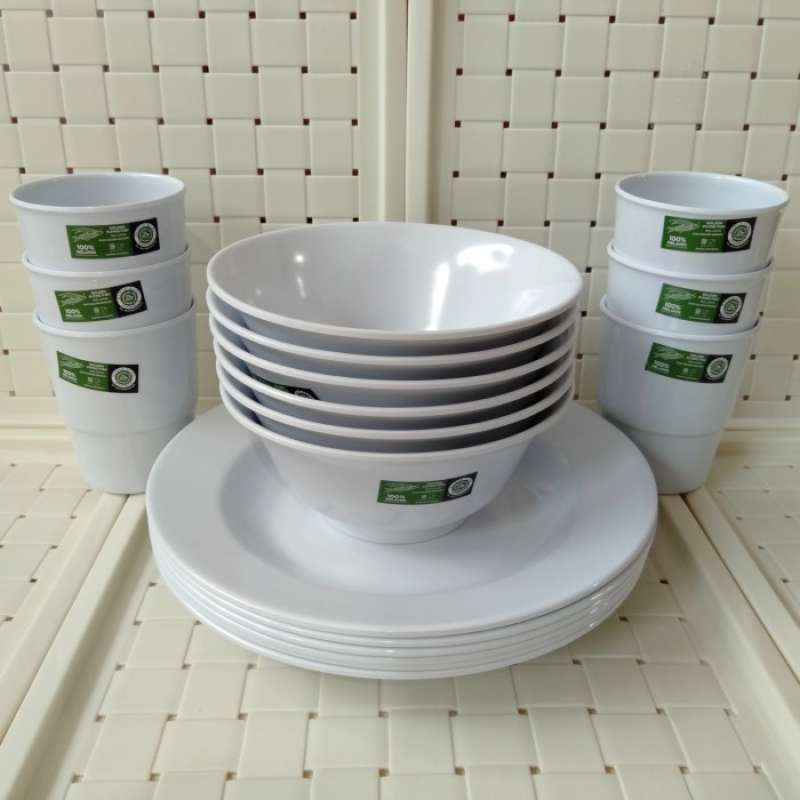 Jual Piring&mangkok&gelas Melamin Set Golden Flying Fish 18 Pcs - Putih ...