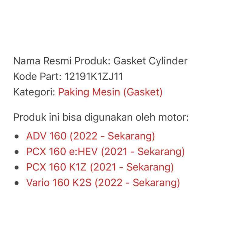 Jual Perpack Block Gasket Cylinder Adv160 Pcx160 Vario160 12191-k1z-j11 Honda Ahm Di Seller ...