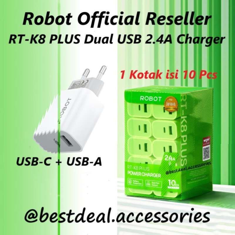 Promo Robot Rt-k8 Plus 2.4a Dual Output Usb-a Usb-c Charger 1 Box Isi ...