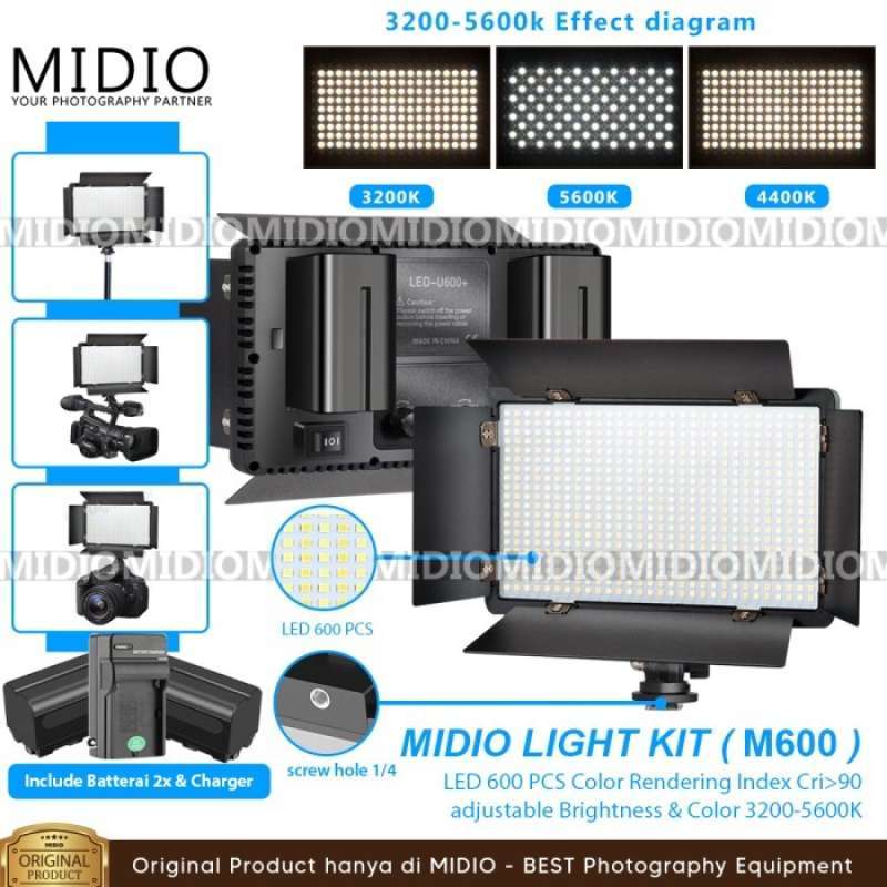 Jual Midio Video Lighting Led M600 Kit Plus 2xbaterai Dan Charger Adaptor - M600plus2m Di Seller ...