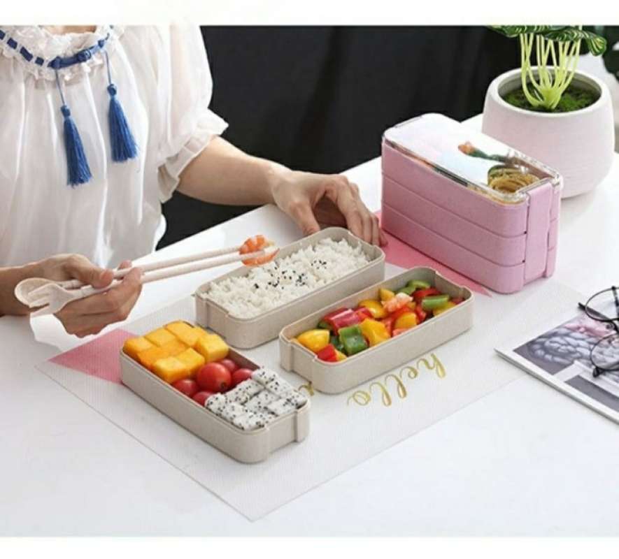 Jual Lunch Box Kotak Makan Jerami 3 Susun Tingkat Set Peralatan Makan ...