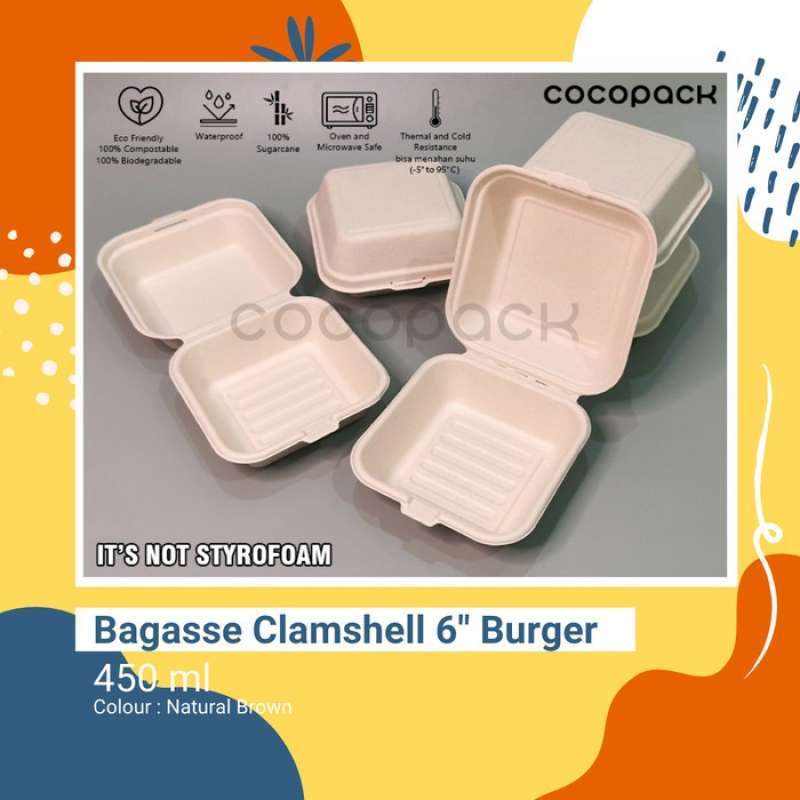 Jual Dijual Bagasse Clamshell 6 Inch Burger Box 450ml Natural Brown ...