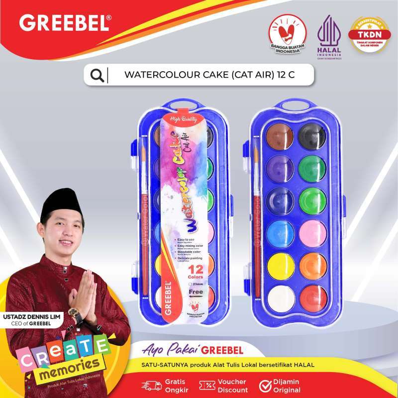 Promo Greebel Watercolor Cake Cat Air Padat 12 Warna Hingga 48 Warna Kemasan Kotak Kuas