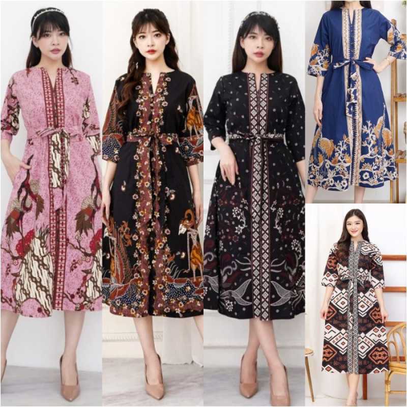 Promo Midi Dress Batik Wanita Full Kancing Depan Gaun Formal Casual ...