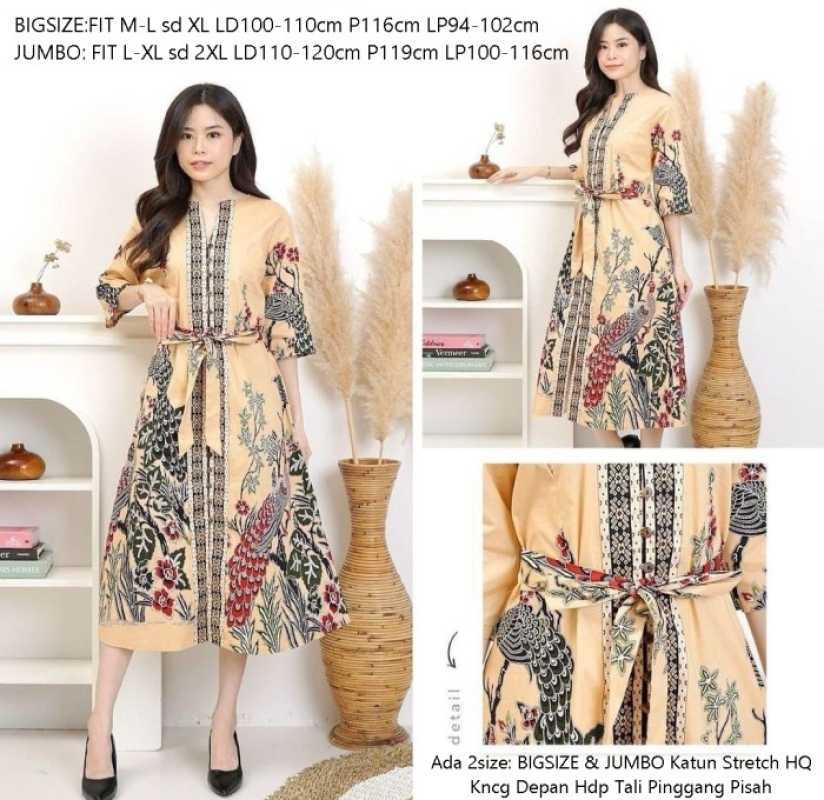 Promo Midi Dress Batik Wanita Full Kancing Depan Gaun Formal Casual ...