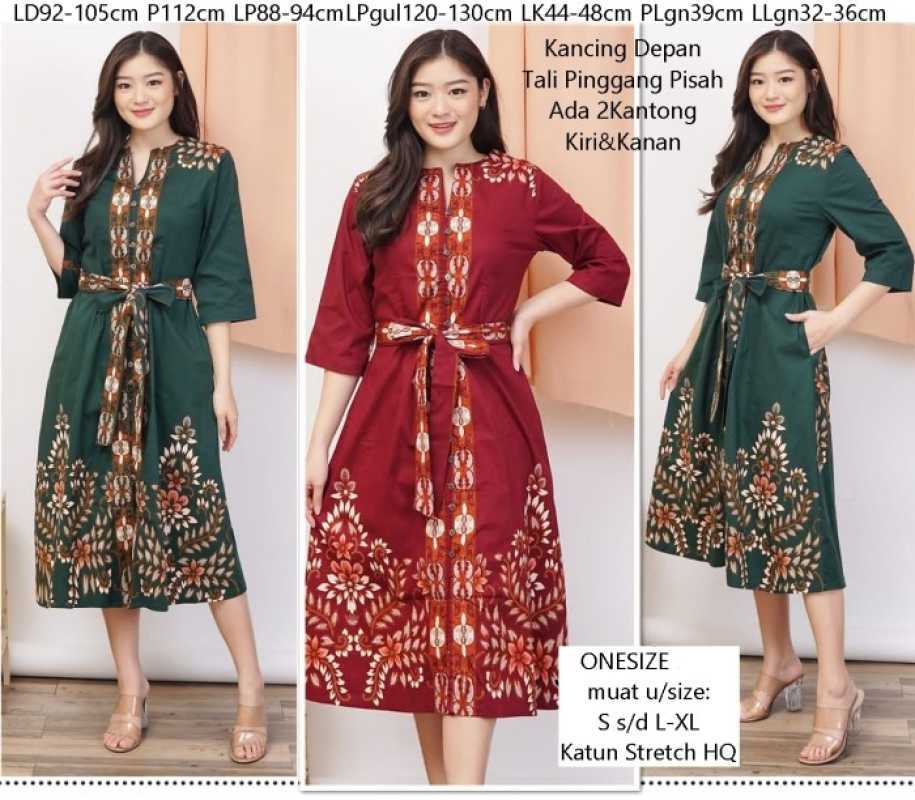 Promo Midi Dress Batik Wanita Full Kancing Depan Gaun Formal Casual ...