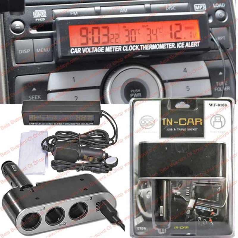 Promo Incar Triple Socket Lighter Digital Car Clock Accu Voltage ...
