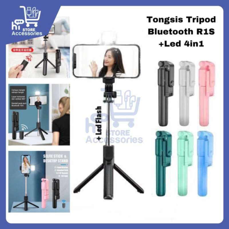 Jual Tongsis Tripod Bluetooth R1s Led 4 In 1 / Selfie Stick 4in1 With Remot - Hijau/random Di ...