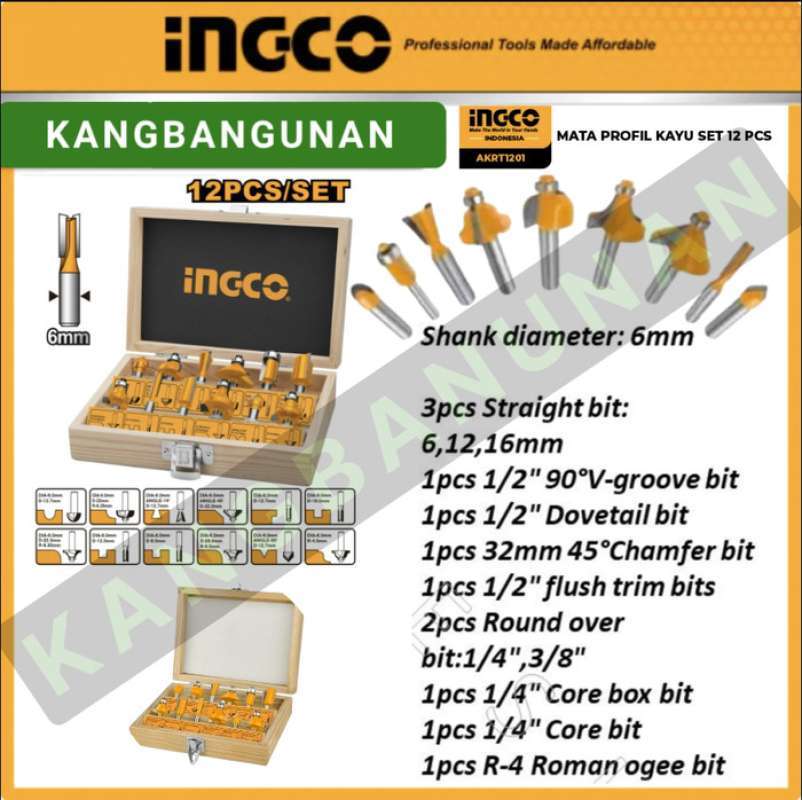Promo 12-pcs Router Bits (6mm) Ingco Akrt1201 Mata Mesin Router Diskon ...