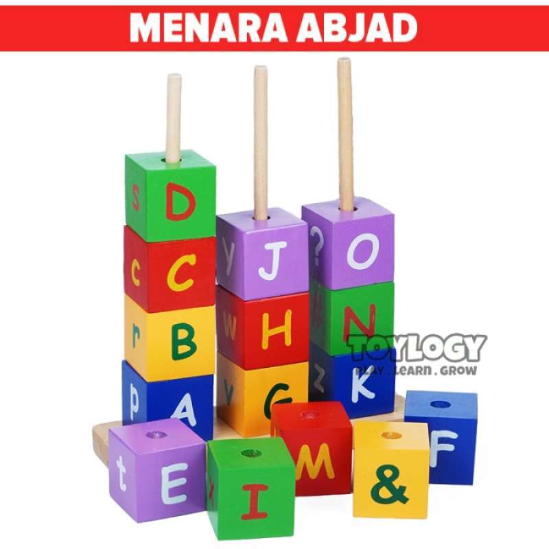 Jual Mainan Kayu Edukasi Anak Menara Balok Huruf Susun Kubus Stacking ...