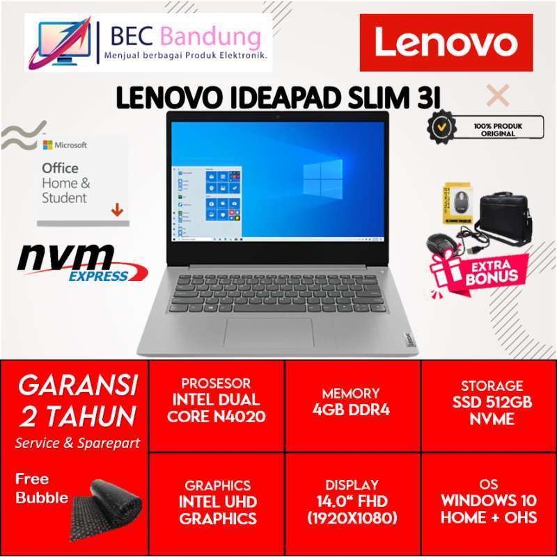 Jual Laptop Lenovo Ideapad Slim 3i 14 Intel N4020 Ram 4gb Ssd 512gb Fhd Win10 Ohs Original Grey ...