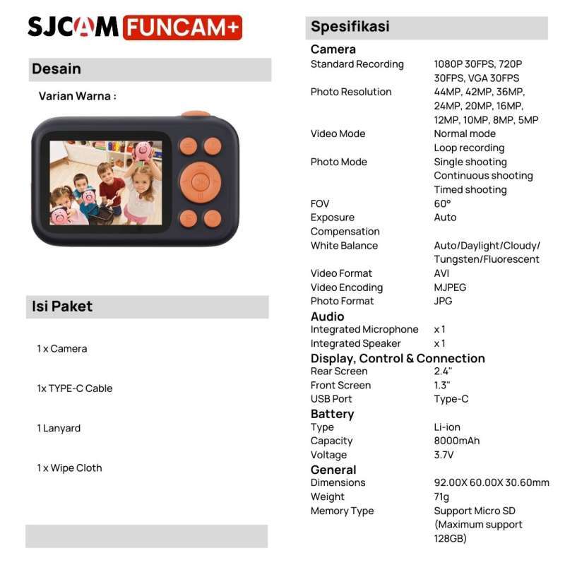 Promo SJCAM FunCam+ Kids Digital Camera Dual Screen FHD 1080P - PAKET ...
