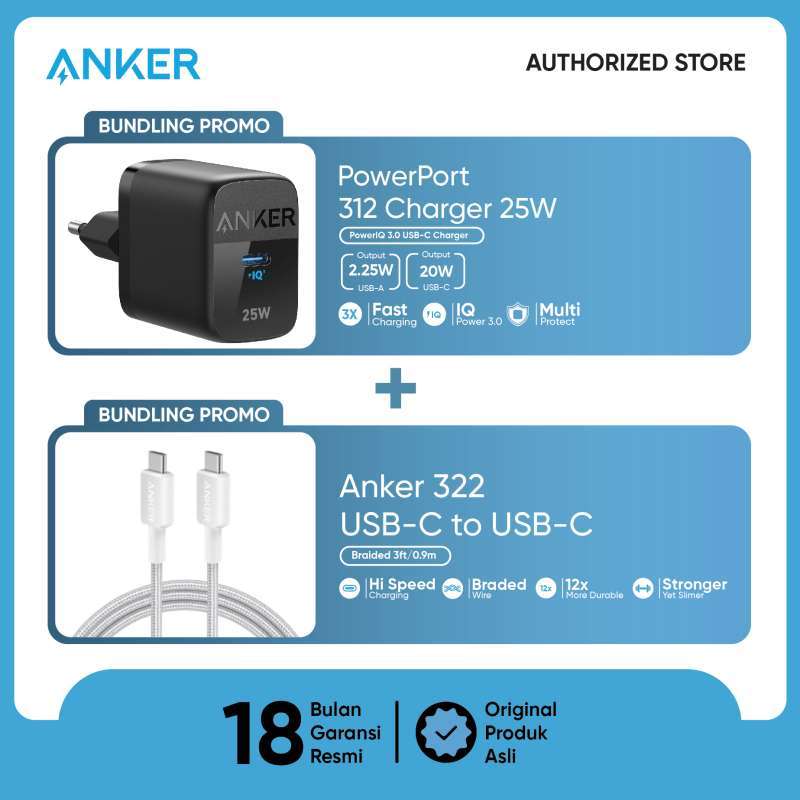 Jual Anker Set Bundling Powerport 312 Charger 25w Cable Usb C To Usb