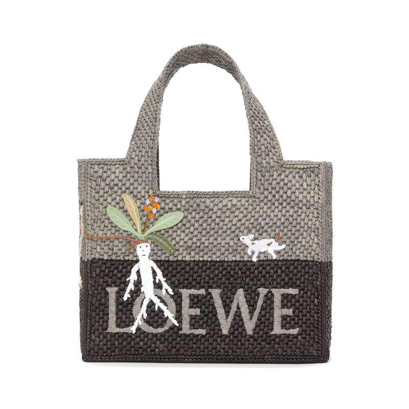 Promo Loewe Mandragora Small Logo Font Raffia Tote Bag Pearl Dark Grey ...