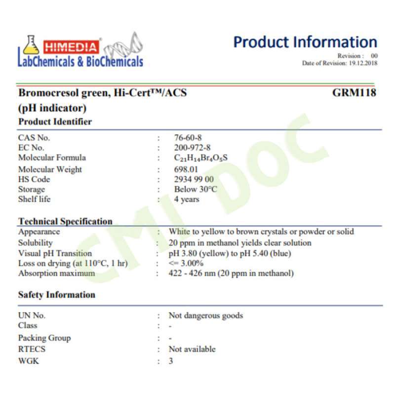 Jual Bromocresol Green (ph Indicator), Grm118, Himedia, 5gr - Labindo ...