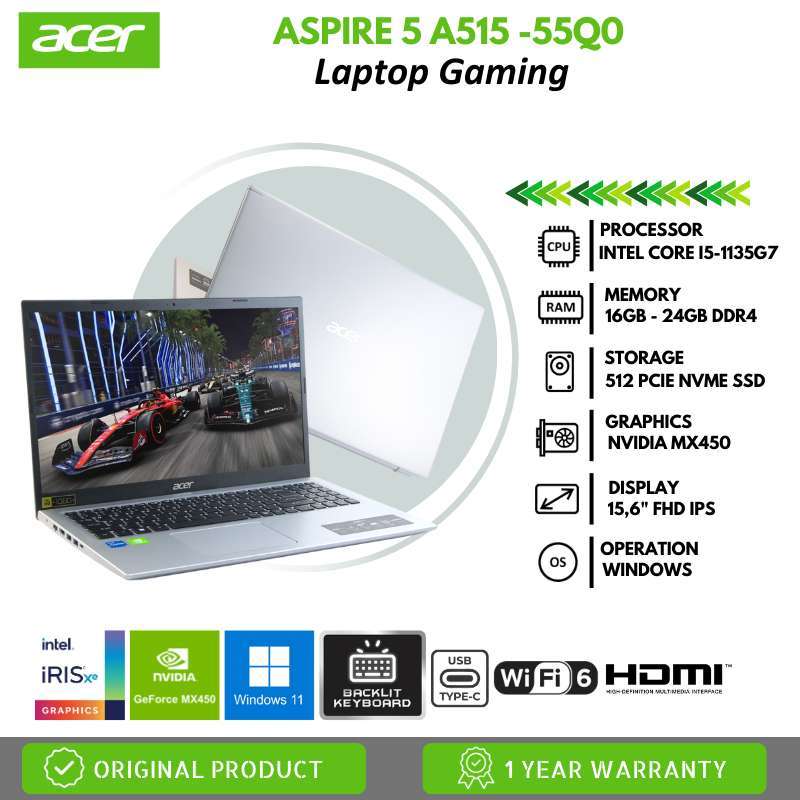 Promo Gaming Laptop Acer Aspire 5 A515-55q0 Intel Core I5-1135g7 24gb Ssd 512gb Intel Iris Xe ...