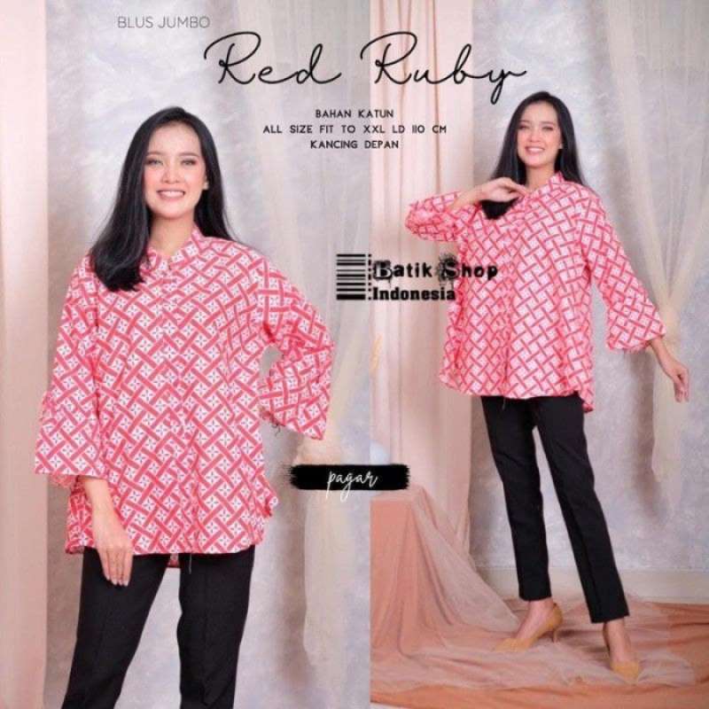 Promo Blus Red Ruby Jumbo Batik Merah Cerah Atasan Kerja Rapat Kantor ...