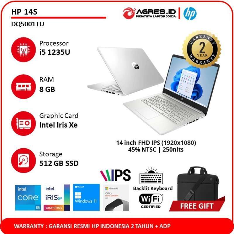 Jual Laptop HP 14S-DQ5001TU i5 1235U 8GB 512ssd IrisXe W11+OHS 14FHD IPS di Seller AGRES.ID ...