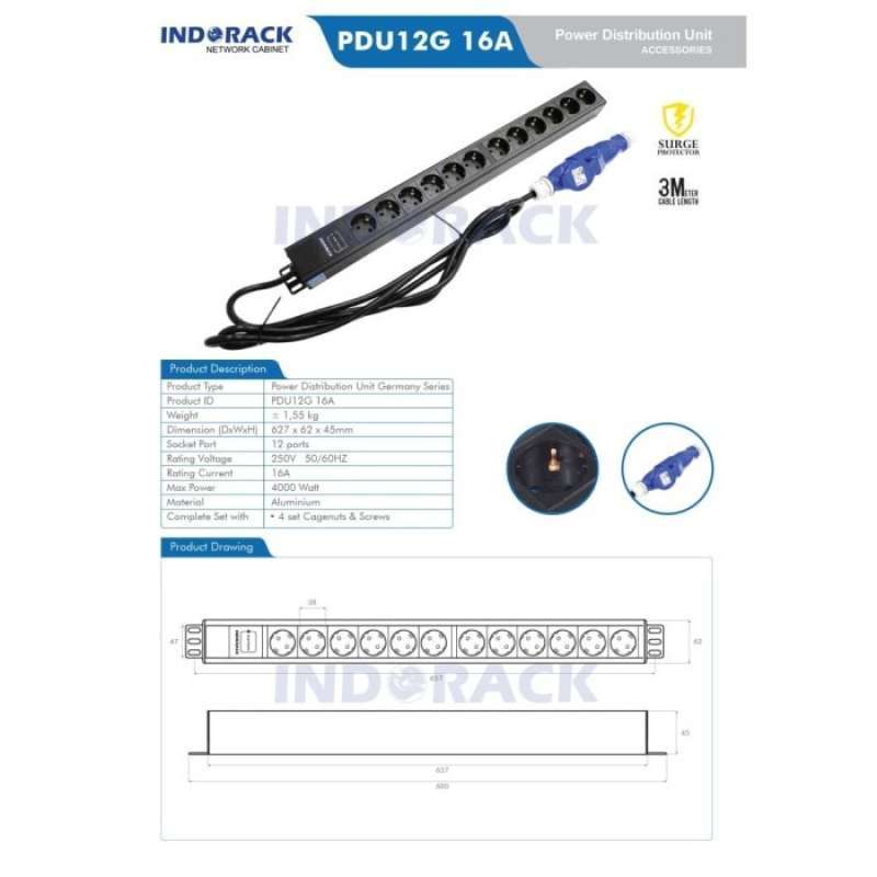 Promo Indorack Power Distribution Unit 12 Socket 16A Head Plug 3Pin 2P ...