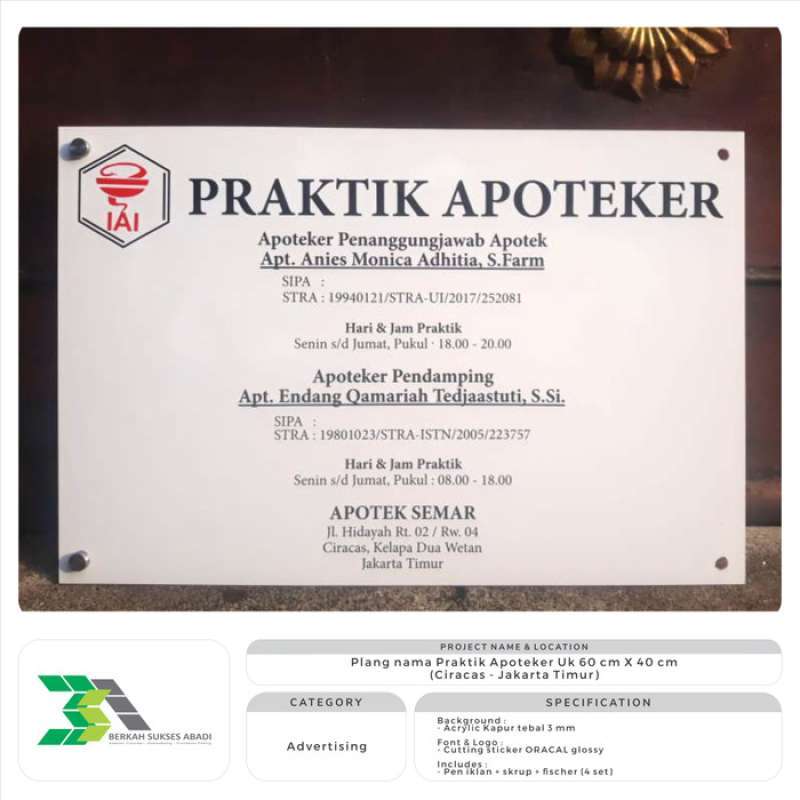 Jual Plang praktik apoteker uk 60 cm x 40 cm papan nama apotik apoteker ...
