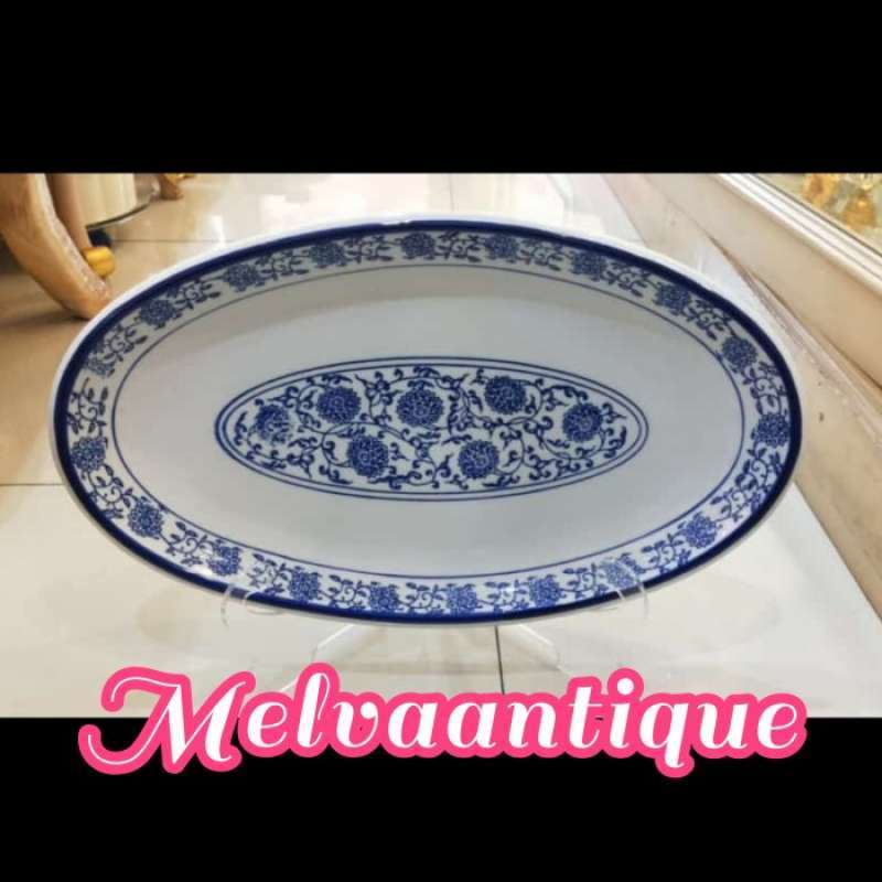 Promo Piring Saji Keramik Oval Biru Putih Besar Ukuran 23 X 40 Cm ...
