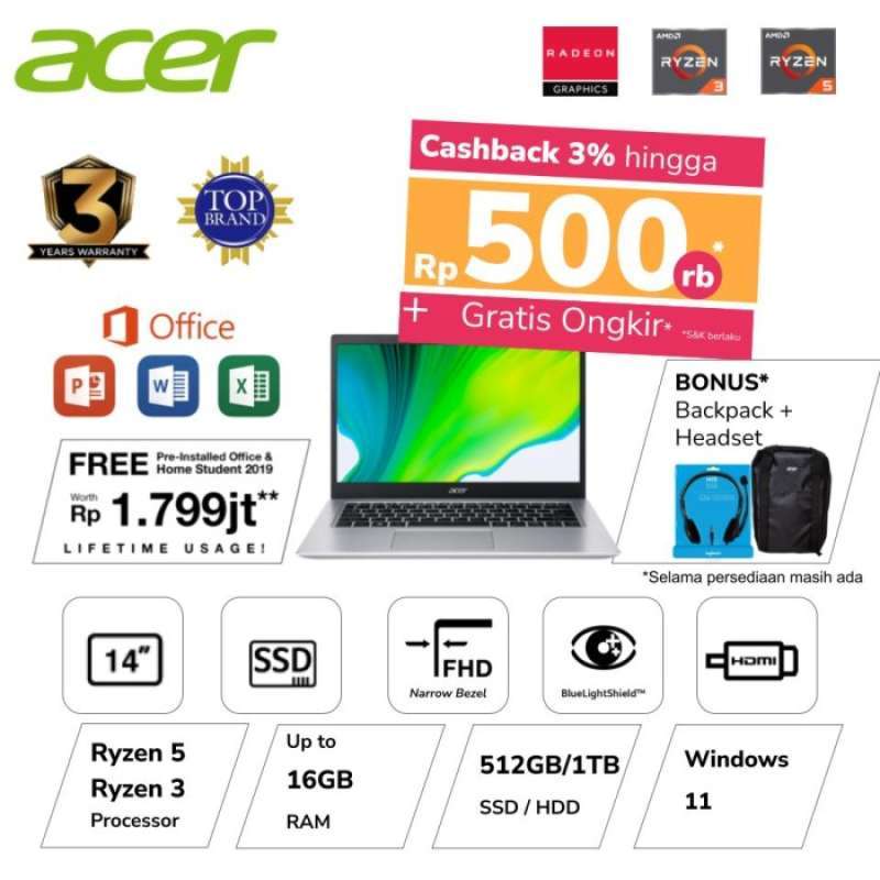 Promo Acer Aspire 3 A314-22 R5-3500 8GB 512 SSD Amd Radeon graphic W10 ...