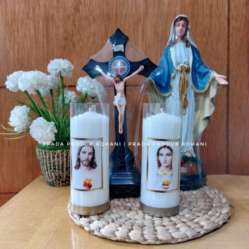 Promo Set Doa Katolik/Patung Bunda Maria/Salib duduk kayu 30cm/Lilin ...
