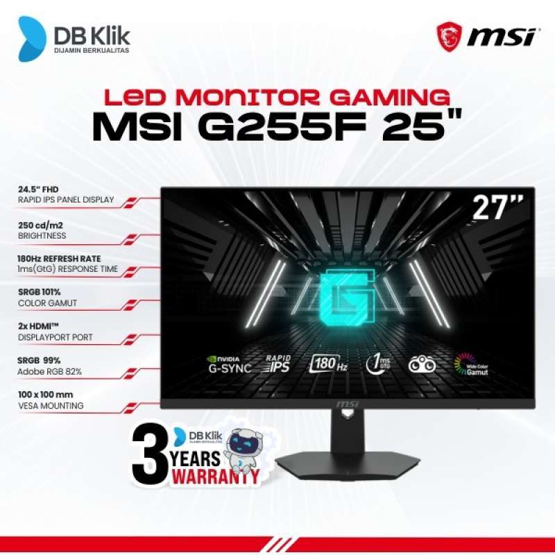 Jual Led Monitor Gaming MSI G255F 25 180Hz Fhd IPS 1ms Hdmi DP di Seller DBklik SURABAYA ...