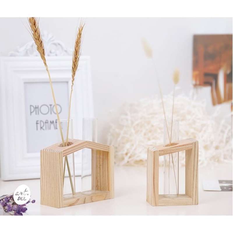 Promo Vas Bunga Tabung Kayu Kaca / Wood Stand Tube Vase / Double Single ...