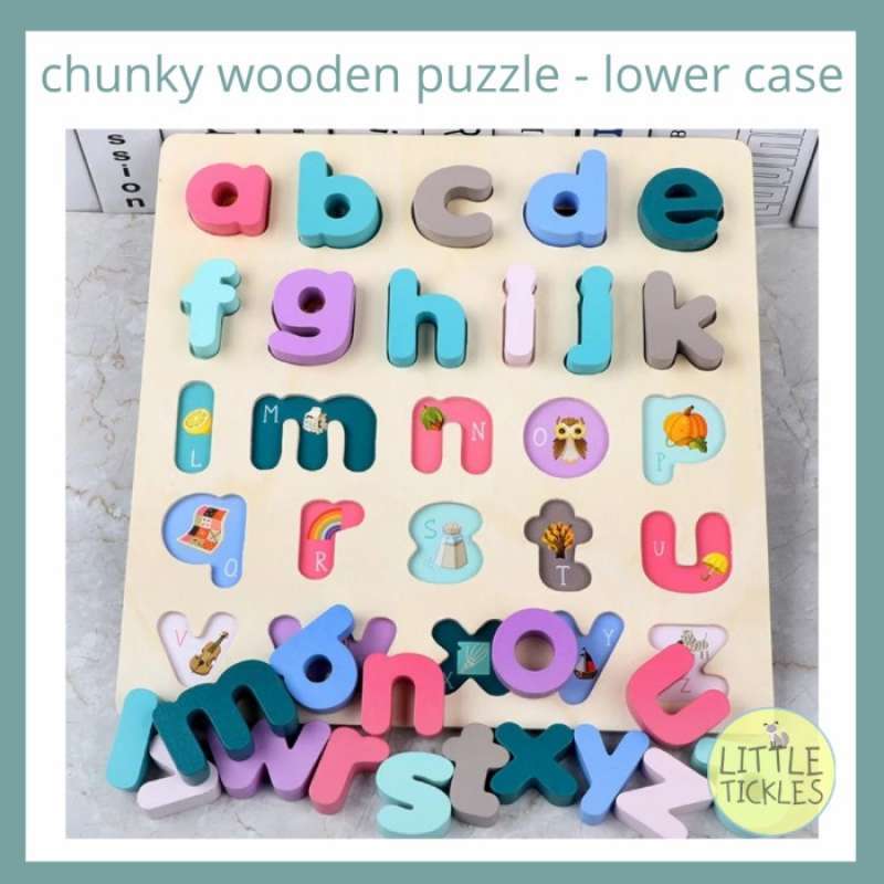 Promo Chunky Wooden Puzzle Alphabet Letters Shapes Macaroon - Mainan ...