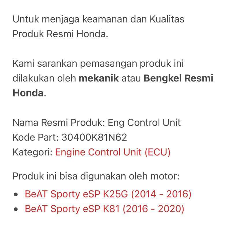 Jual Ecu Engine Control Unit Beat Esp Iss 2016-2020 30400-k81-n62 Honda ...